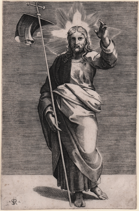 Christ standing facing forward, holding a cross with a banner and ...